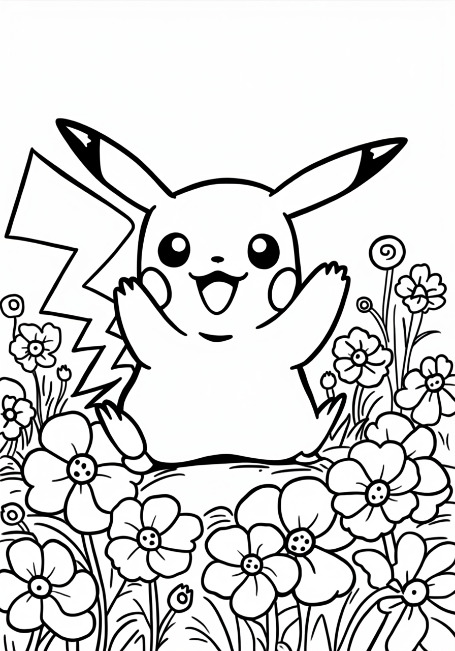 Pikachu Playing in a Flower Field - Free Pokémon Coloring Page