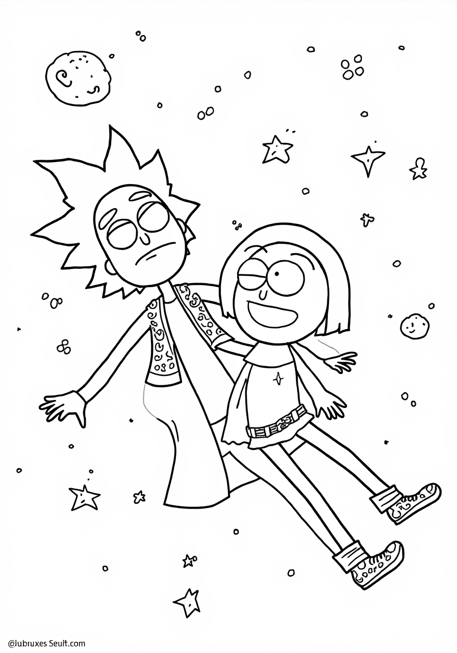 Beth and Jerry Floating in Space - Free Rick and Morty Coloring Page