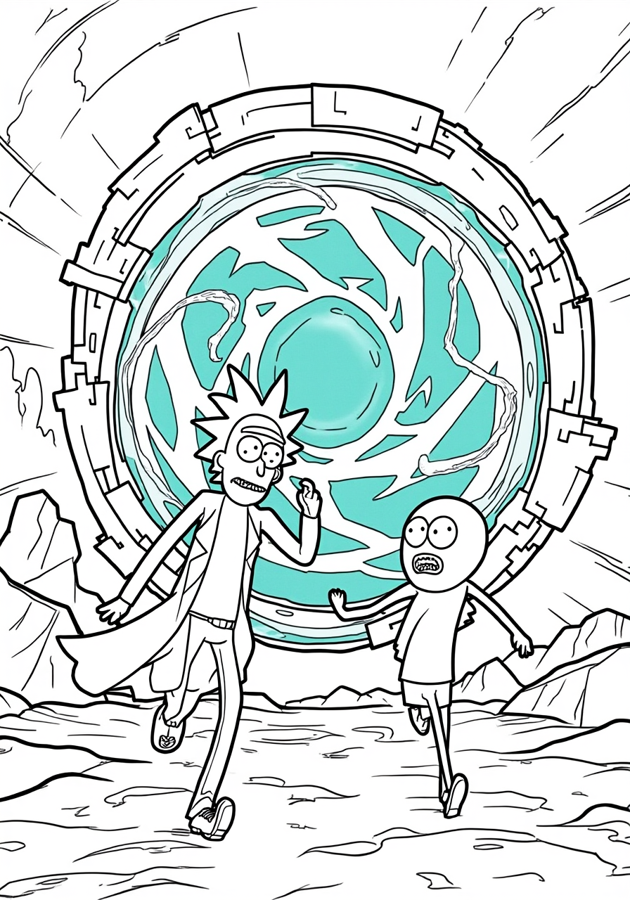 Rick and Morty Escaping Through a Portal - Free Coloring Page