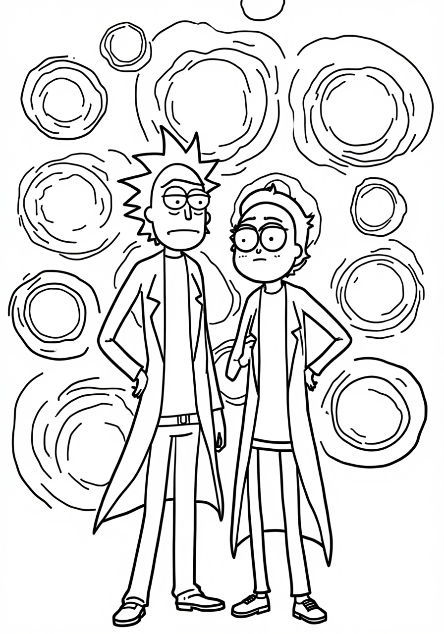 Rick and Morty Lost in a Maze of Portals - Free Coloring Page