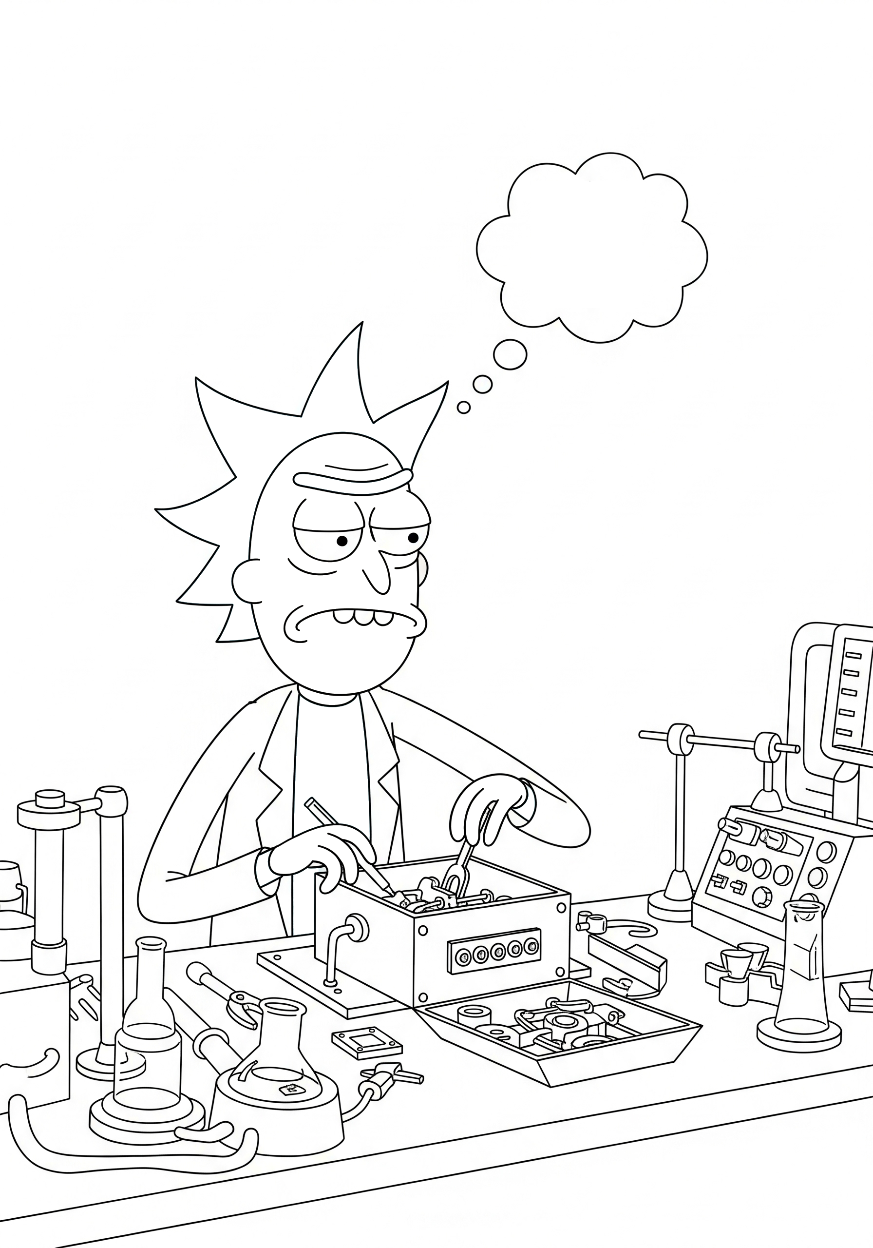 Rick Creating a Meeseeks Box - Free Rick and Morty Coloring Page