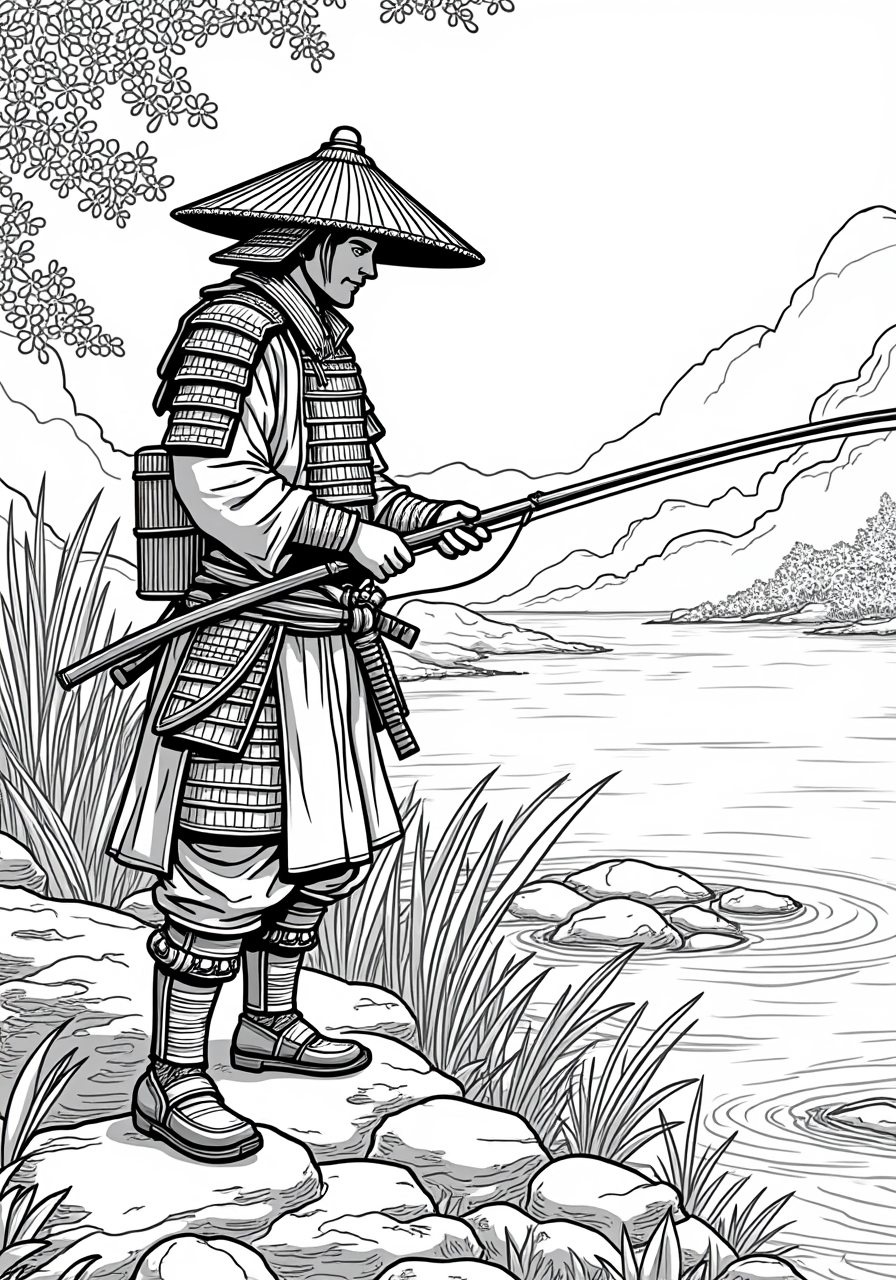 Samurai Fishing with Straw Hat by Riverbank - Free Coloring Page