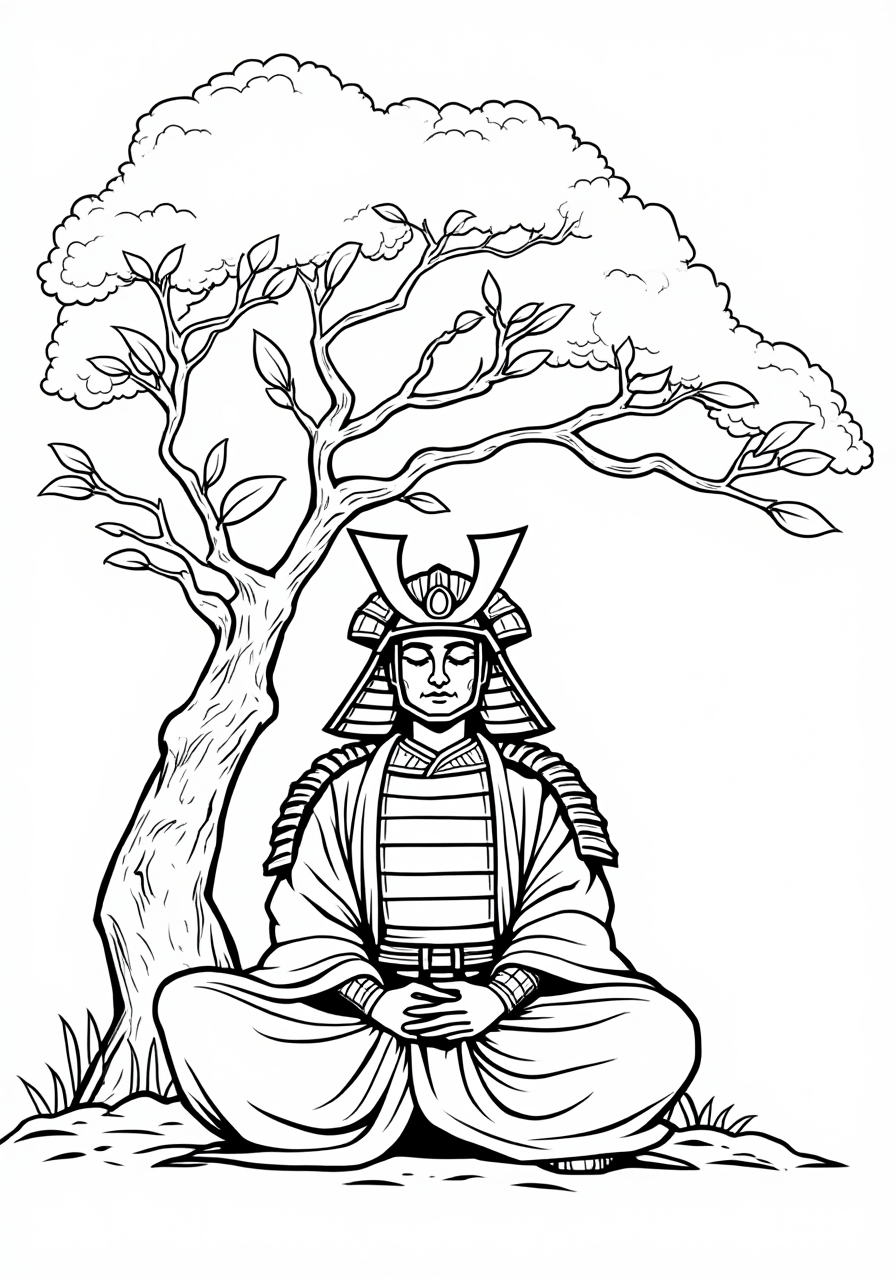 Samurai Meditating Beside a Sakura Tree - Free Zen Coloring Page