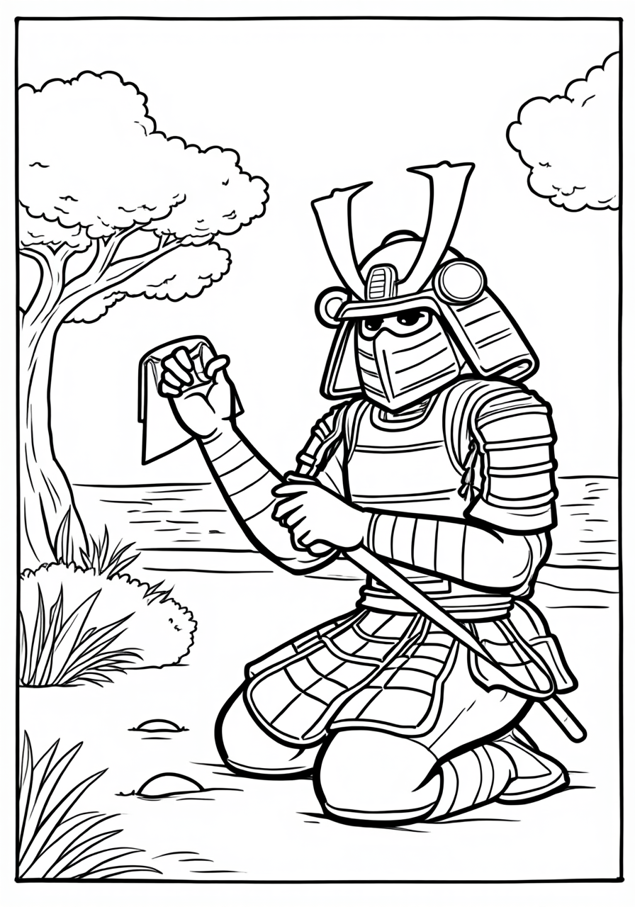 Samurai Polishing Armor in Tranquil Garden - Free Samurai Coloring Page
