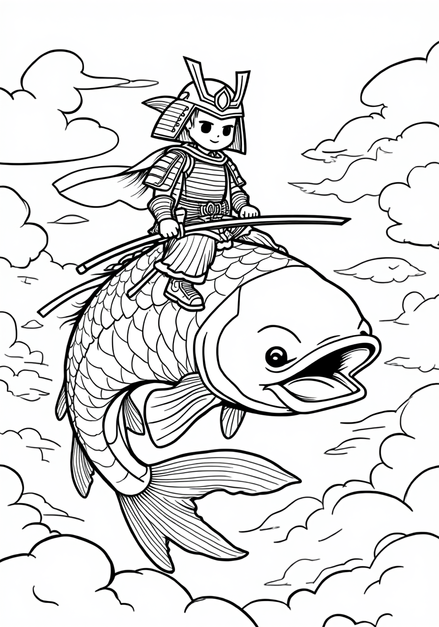 Samurai Riding a Giant Carp Through the Clouds - Free Printable ...