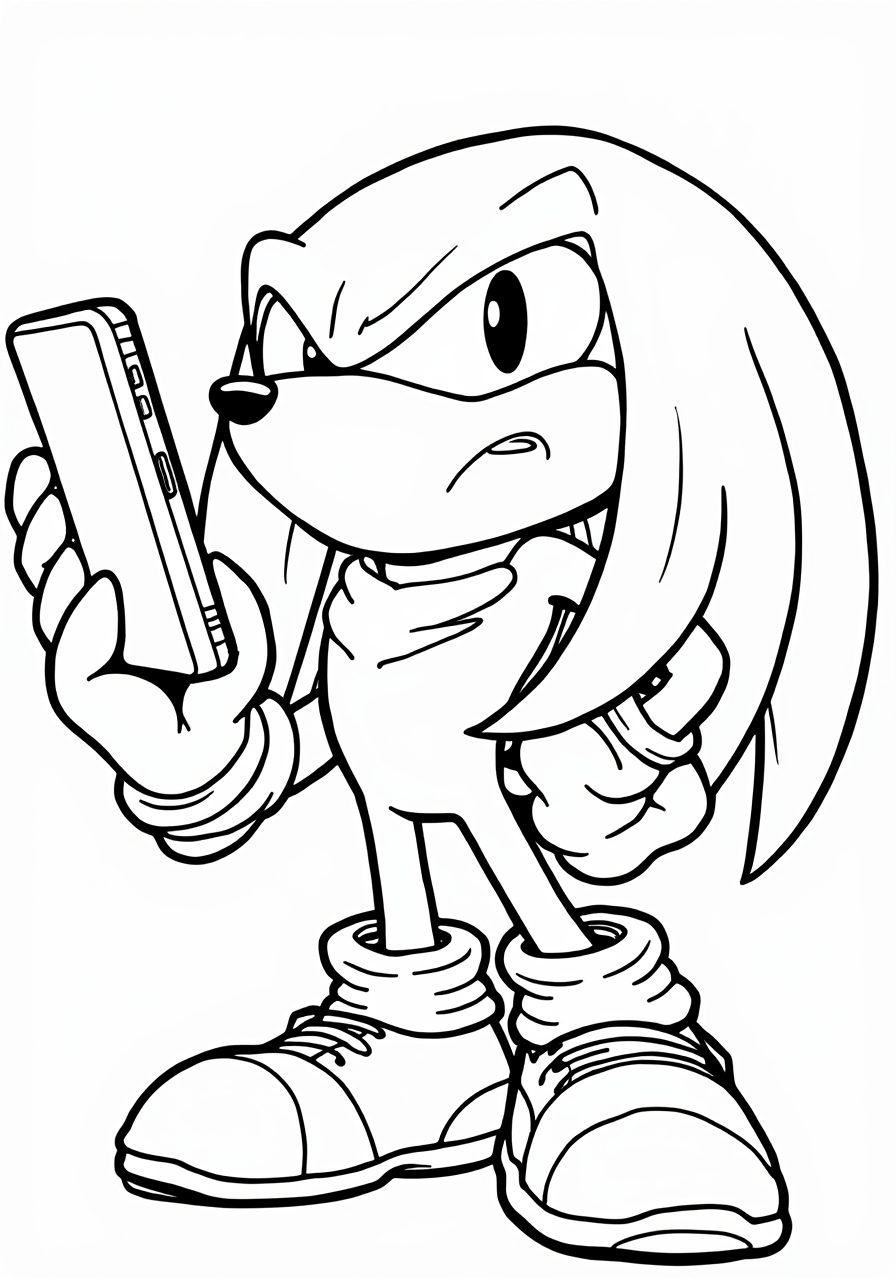 Knuckles Confused by Modern Technology - Free Sonic Coloring Page