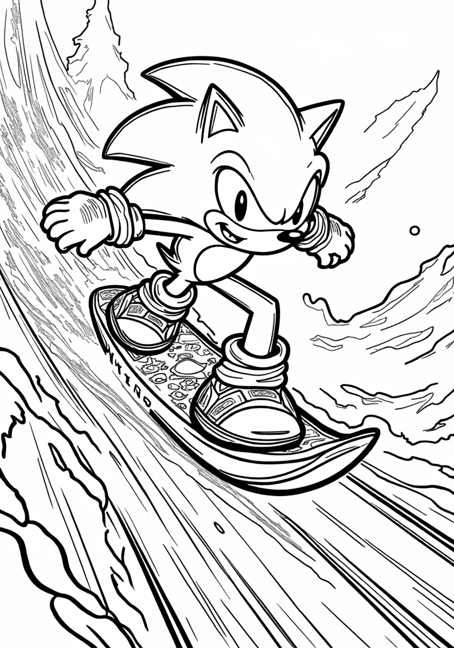 Sonic Surfing On An Ice Slide - Free Sonic Coloring Page