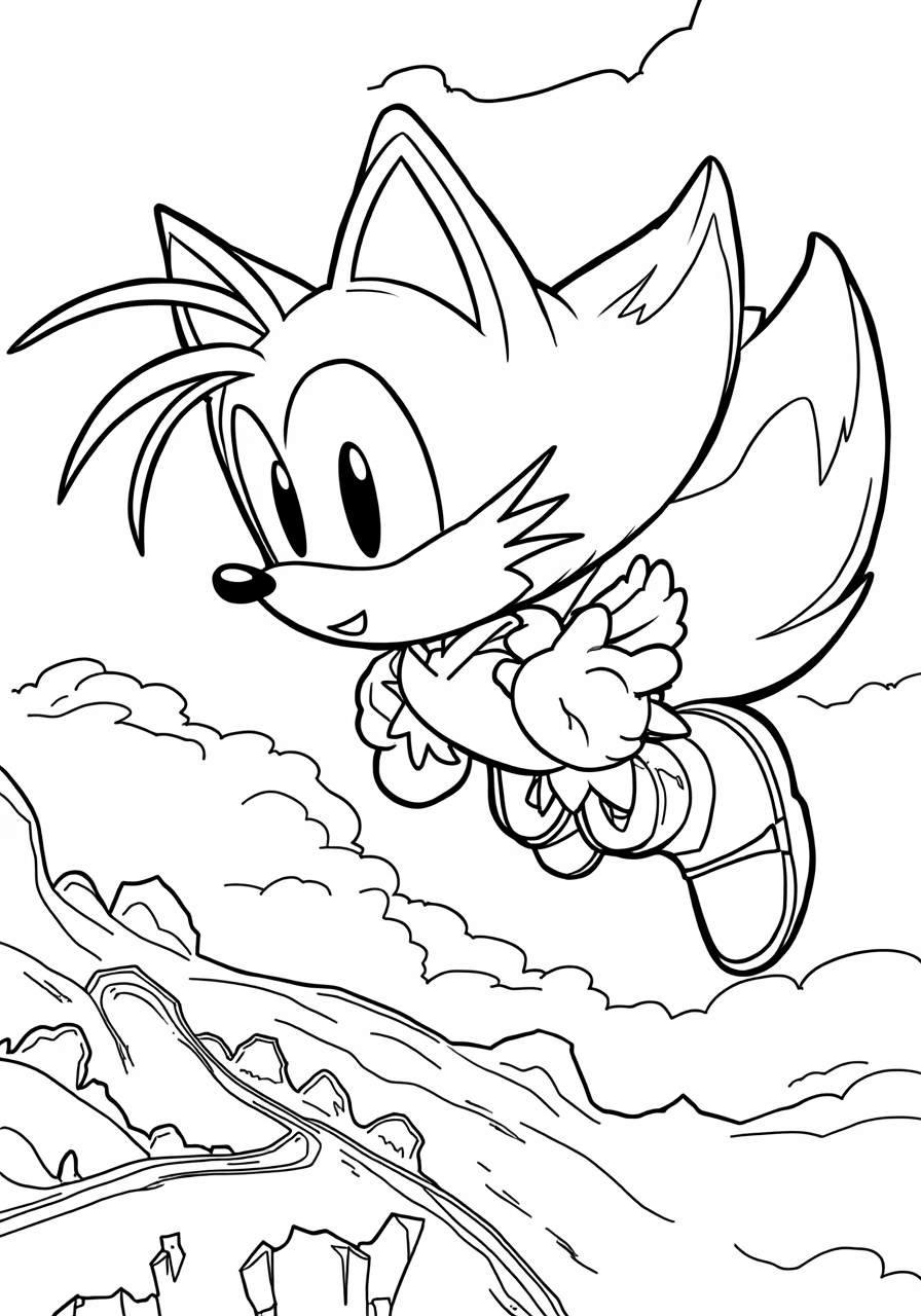 Tails Flying Over Emerald Coast - Free Sonic Coloring Page