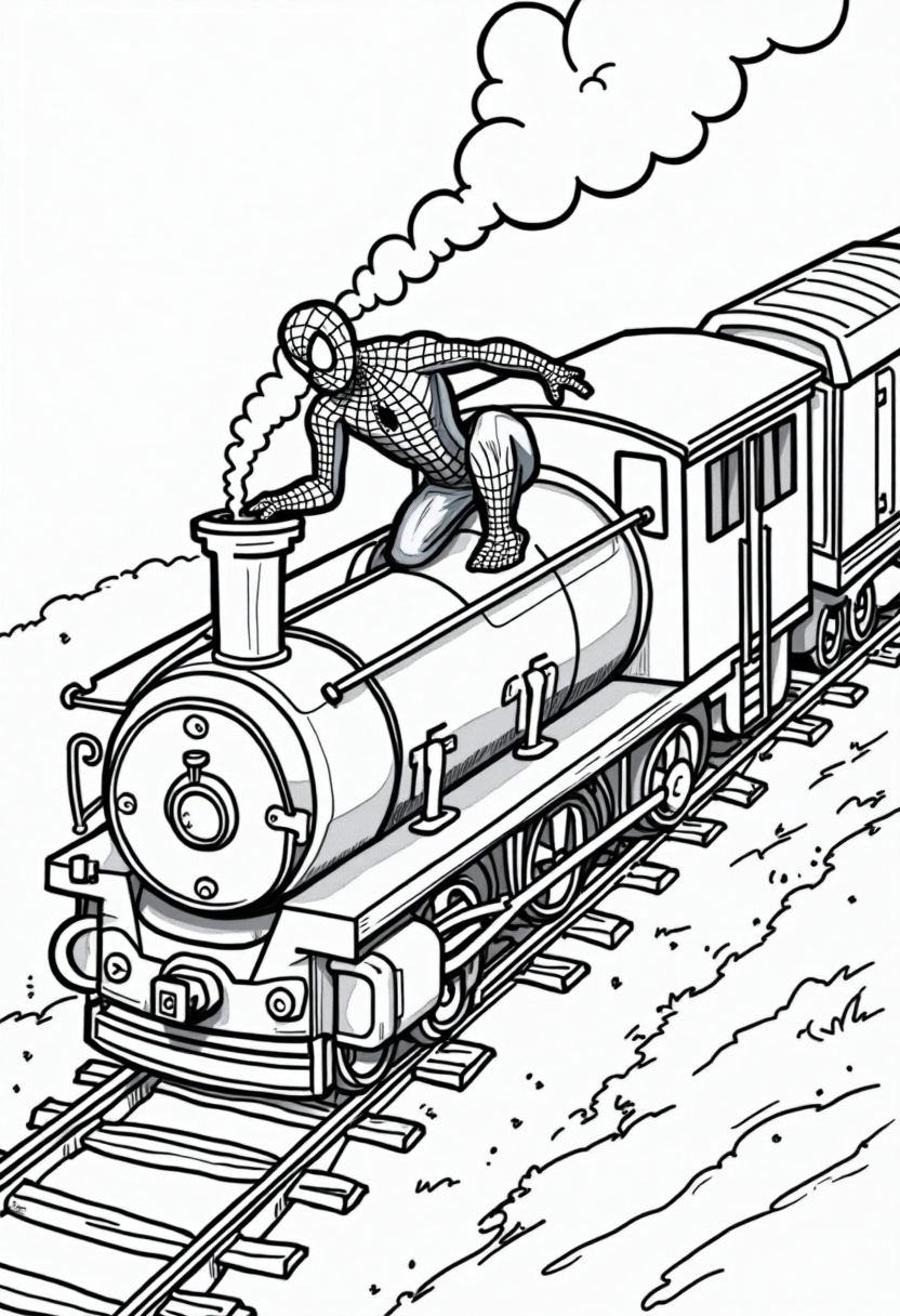 Spiderman Stopping A Runaway Train - Free Action Coloring Page