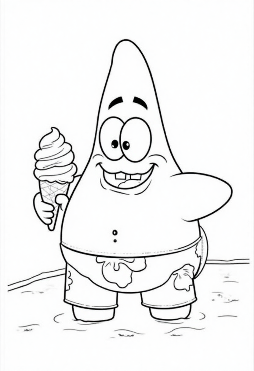 Patrick Star Eating Ice Cream at Goo Lagoon - Free Spongebob Coloring Page