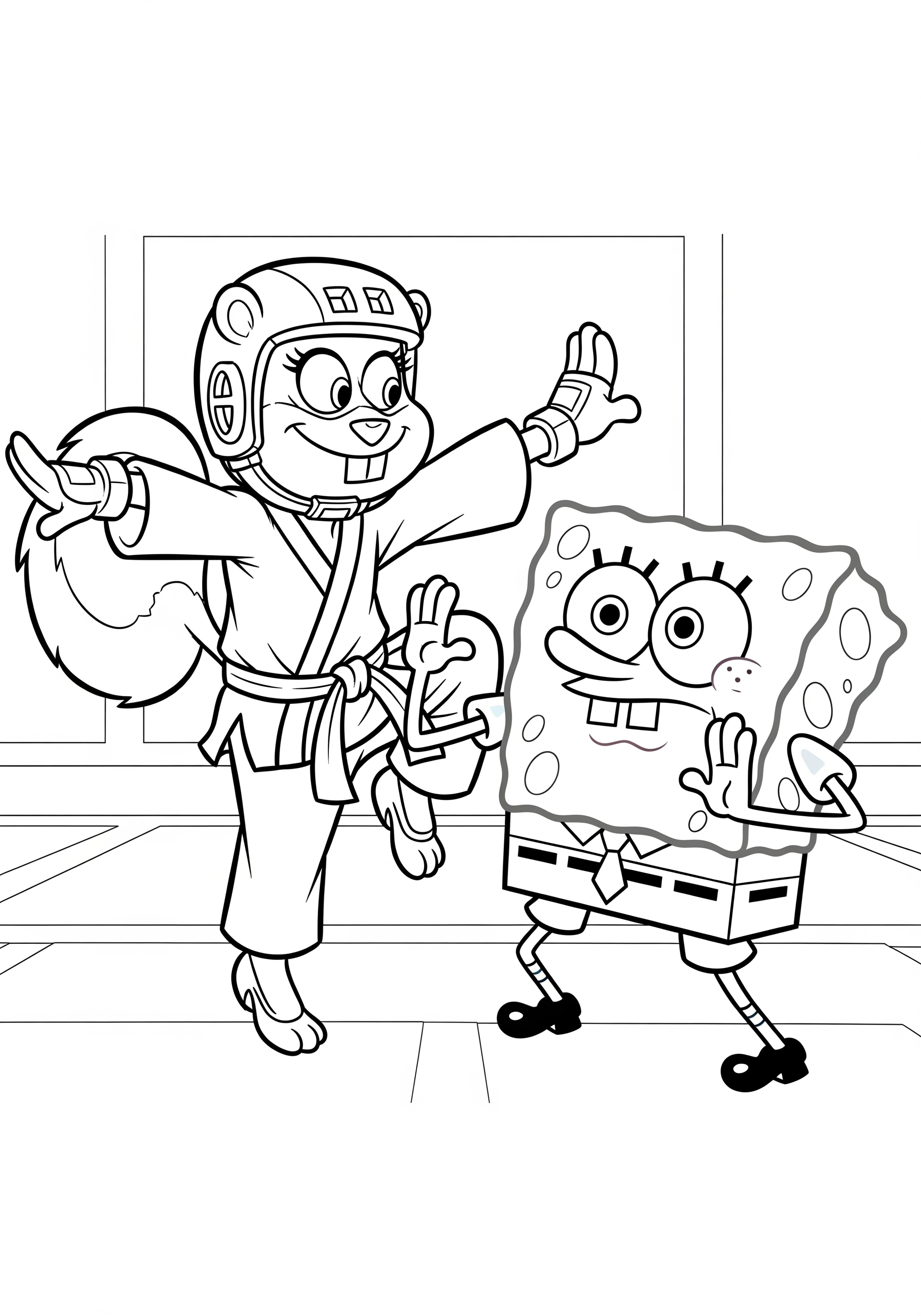 Sandy Cheeks Karate Practice with Spongebob - Free Coloring Page
