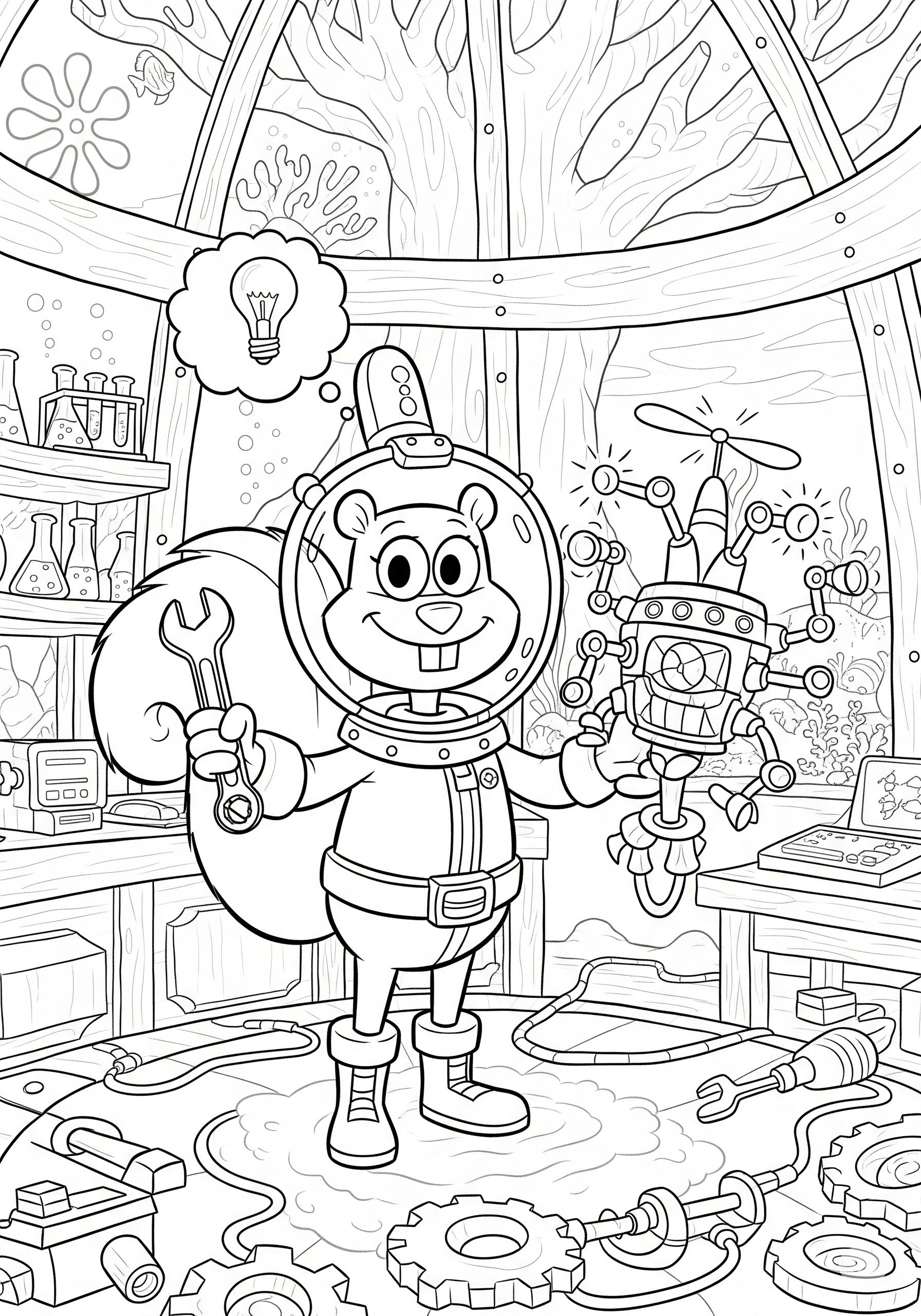 Sandy Inventing a New Gadget in Her Tree Dome – Free Spongebob Coloring ...