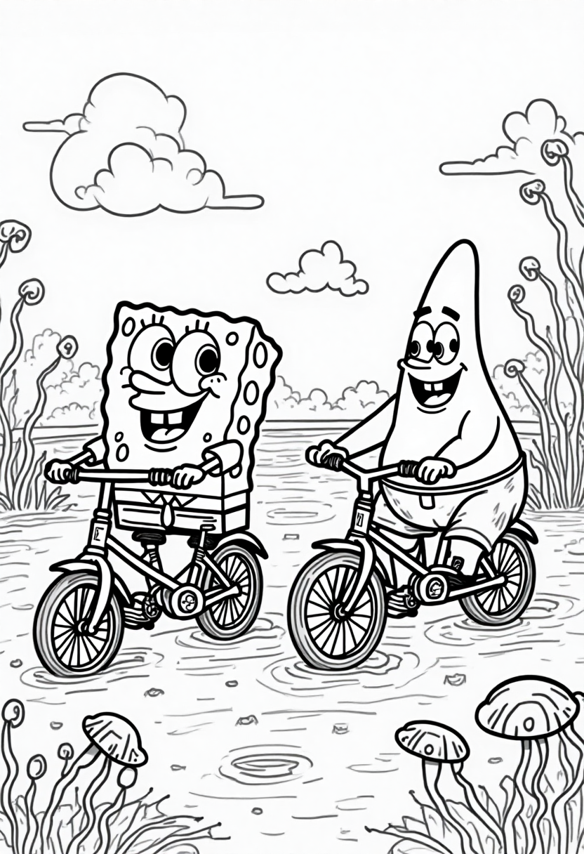 Spongebob & Patrick Riding Bikes on Jellyfish Fields - Free Coloring Page