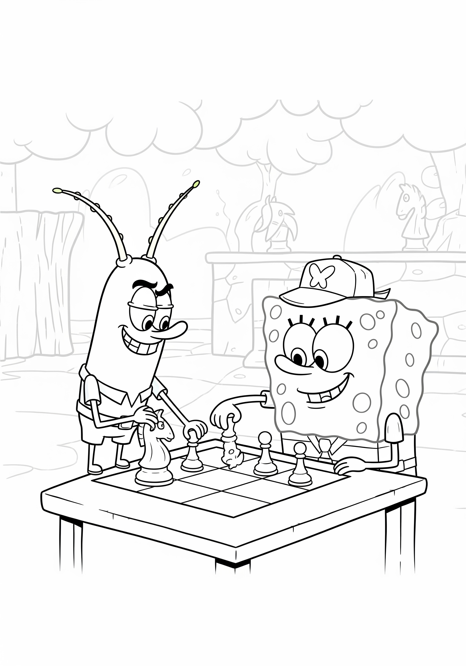 Spongebob and Plankton Chess with Krabby Patties Coloring Page