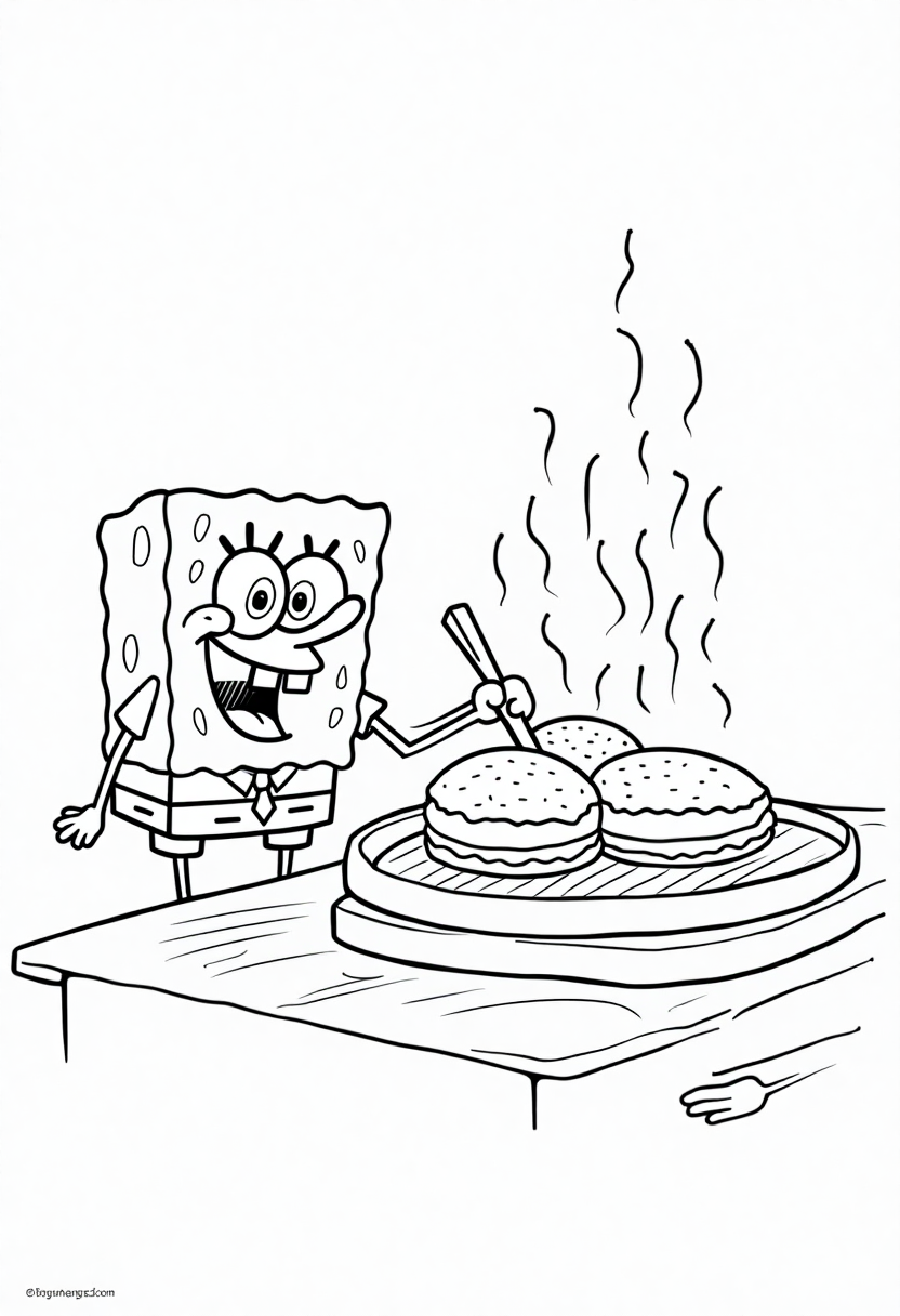 Spongebob Flipping Krabby Patties At The Grill - Free Coloring Page