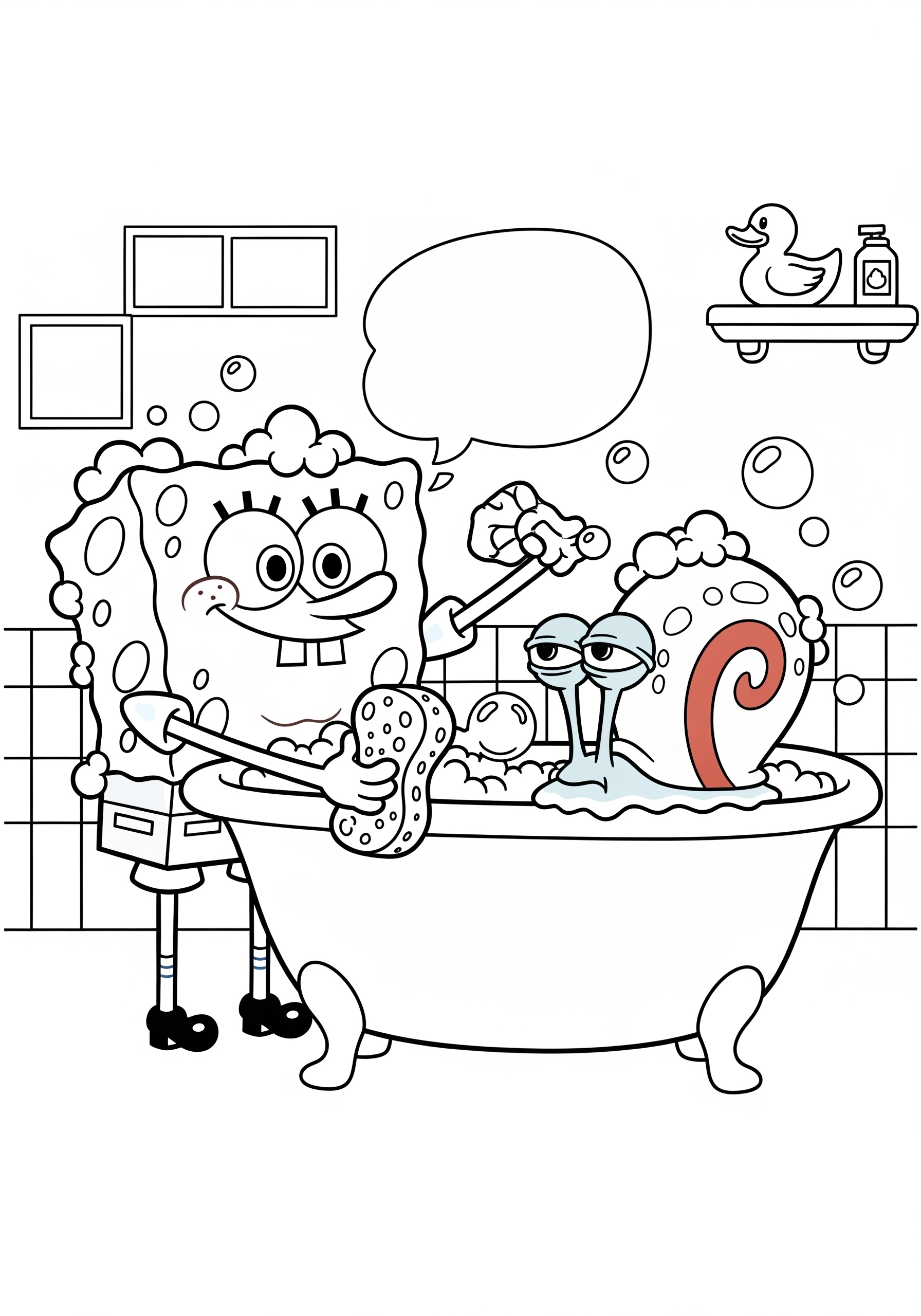 Spongebob Giving Gary a Bubble Bath - Free Coloring Page