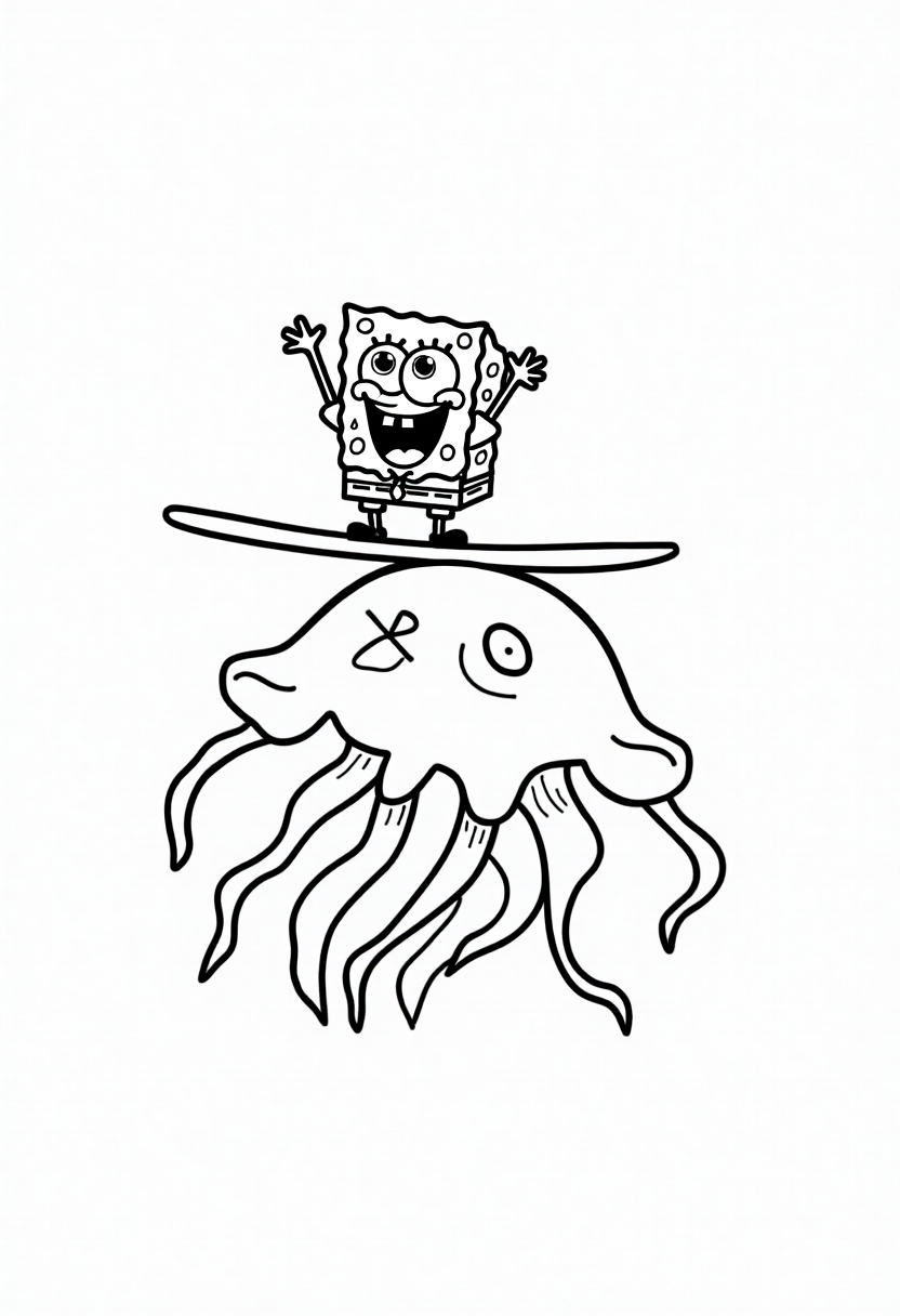 Spongebob Surfing on a Giant Jellyfish - Free Printable Coloring Page