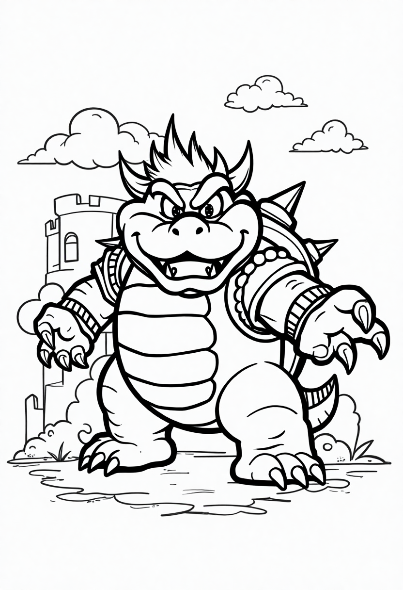 Bowser Guarding His Castle - Free Super Mario Coloring Page