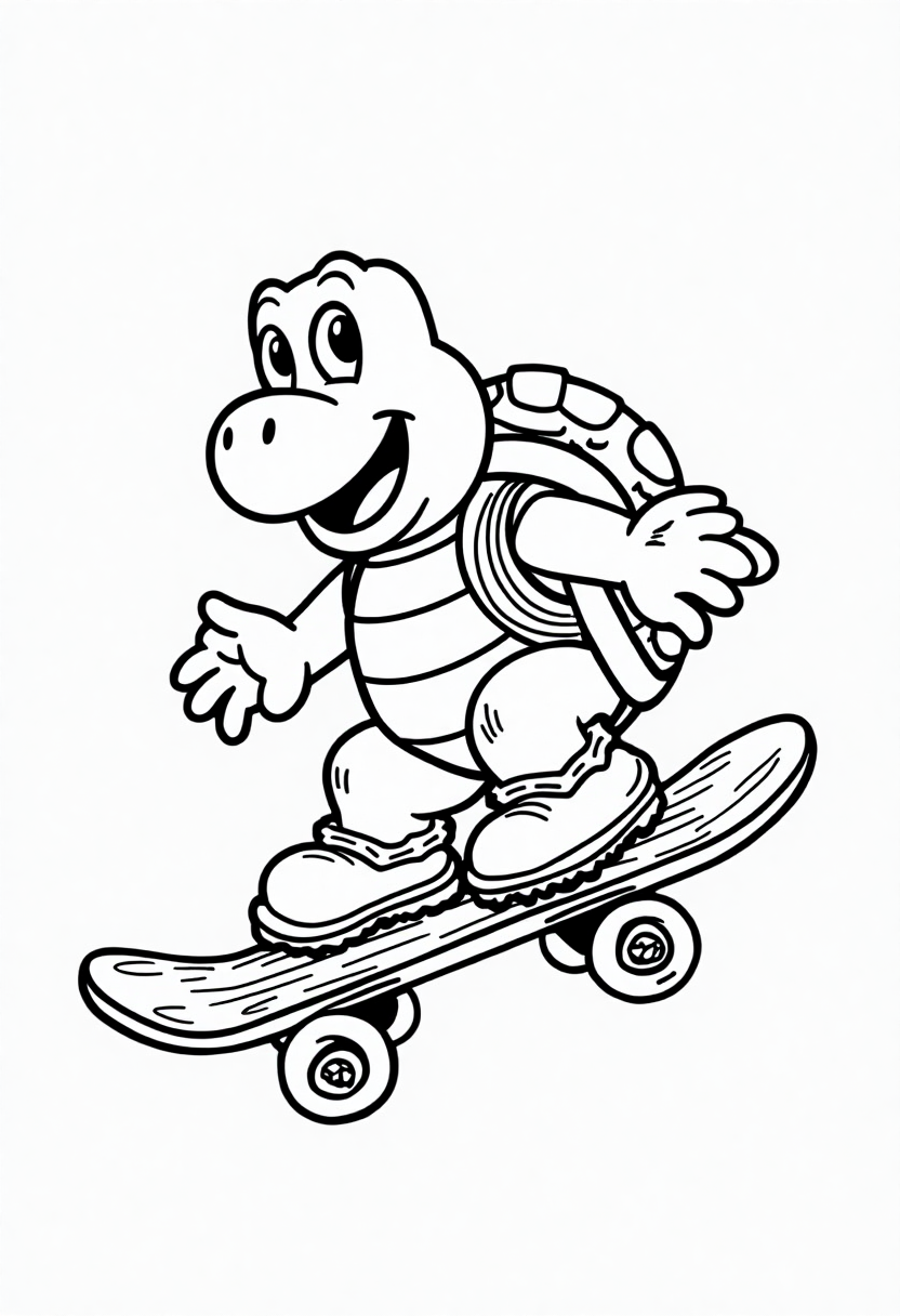 Koopa Troopa Riding a Skateboard - Super Mario Printable Coloring Page