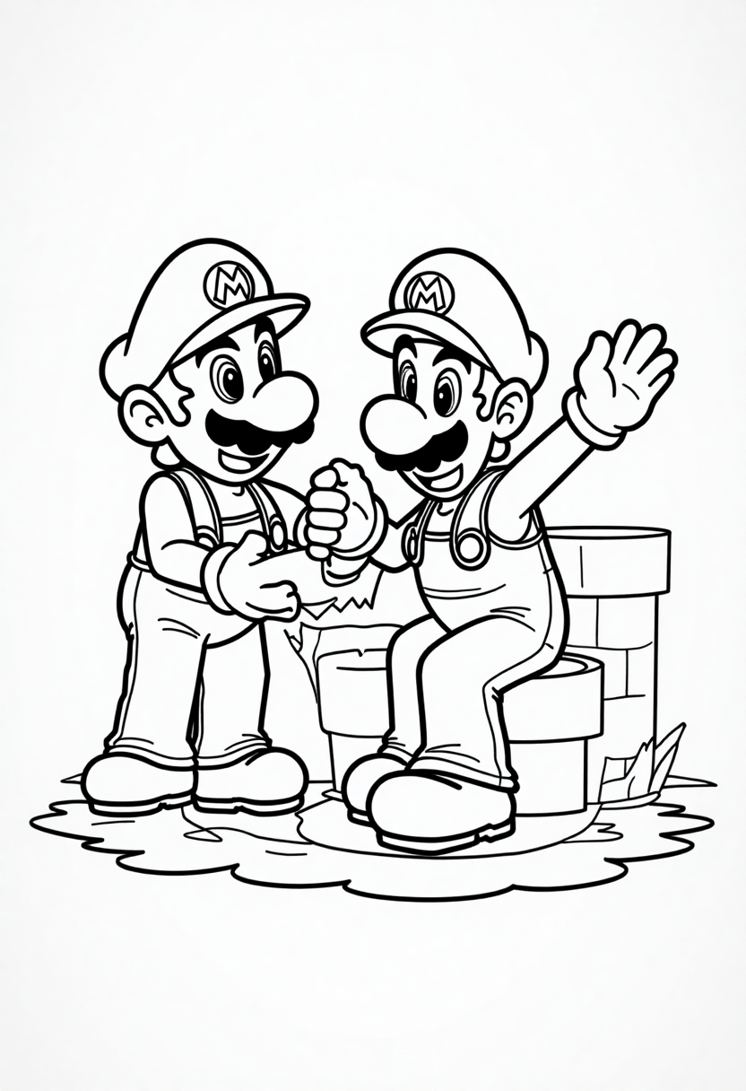 Mario and Luigi Fixing Pipes - Free Super Mario Coloring Page