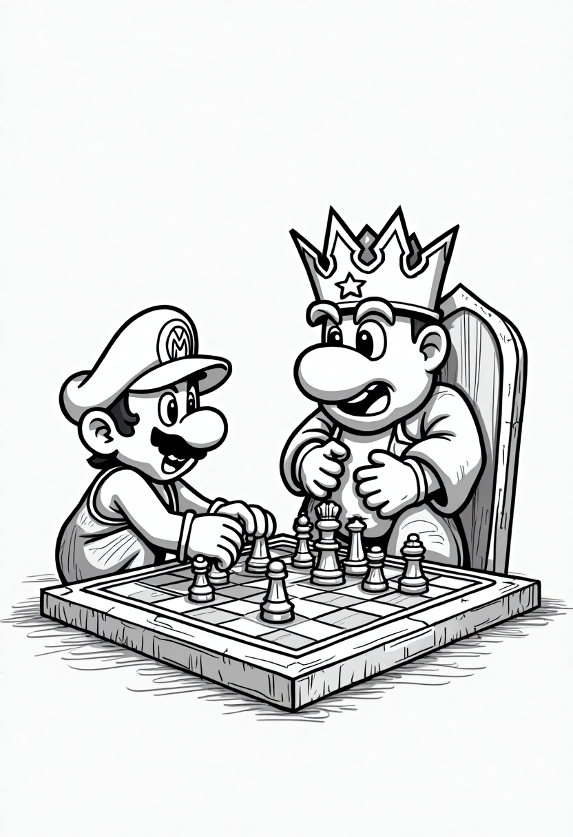 Mario Playing Chess with Goomba King - Free Super Mario Coloring Page