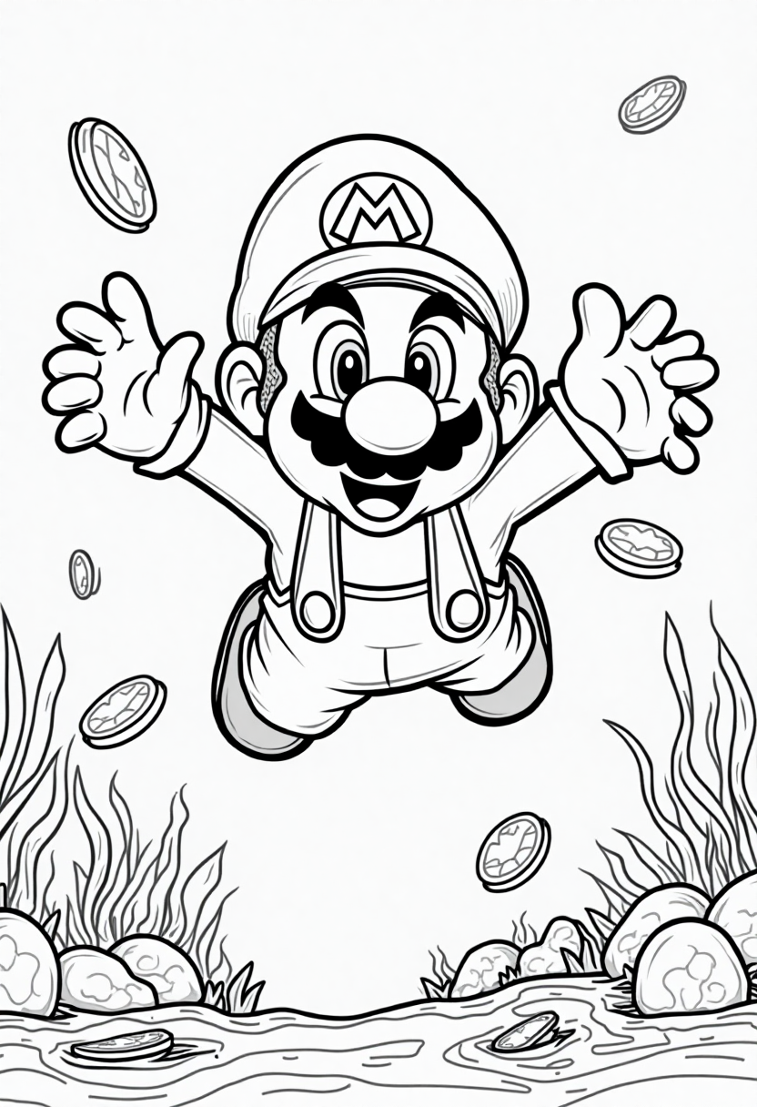 Mario Swimming Underwater for Coins - Free Super Mario Coloring Page