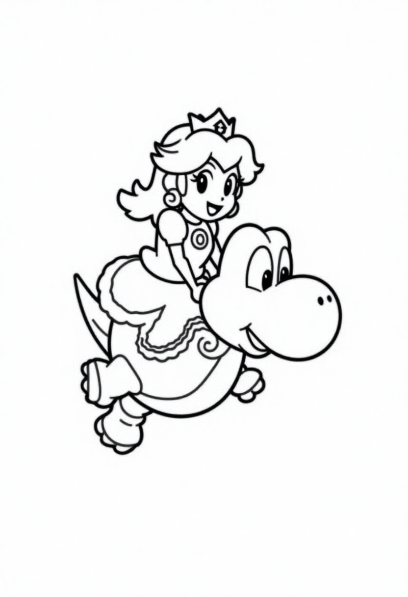 Princess Peach Riding Yoshi - Free Super Mario Coloring Page