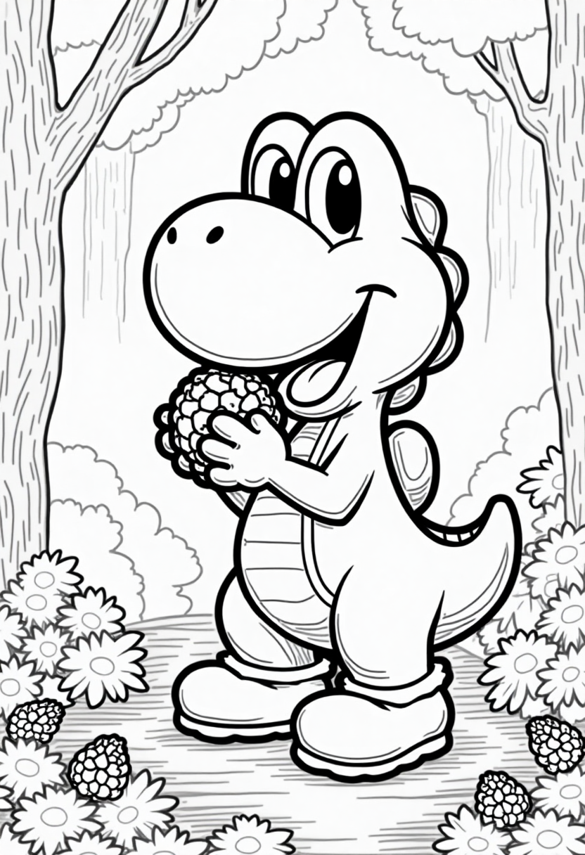 Yoshi Eating a Berry in the Forest - Free Super Mario Coloring Page