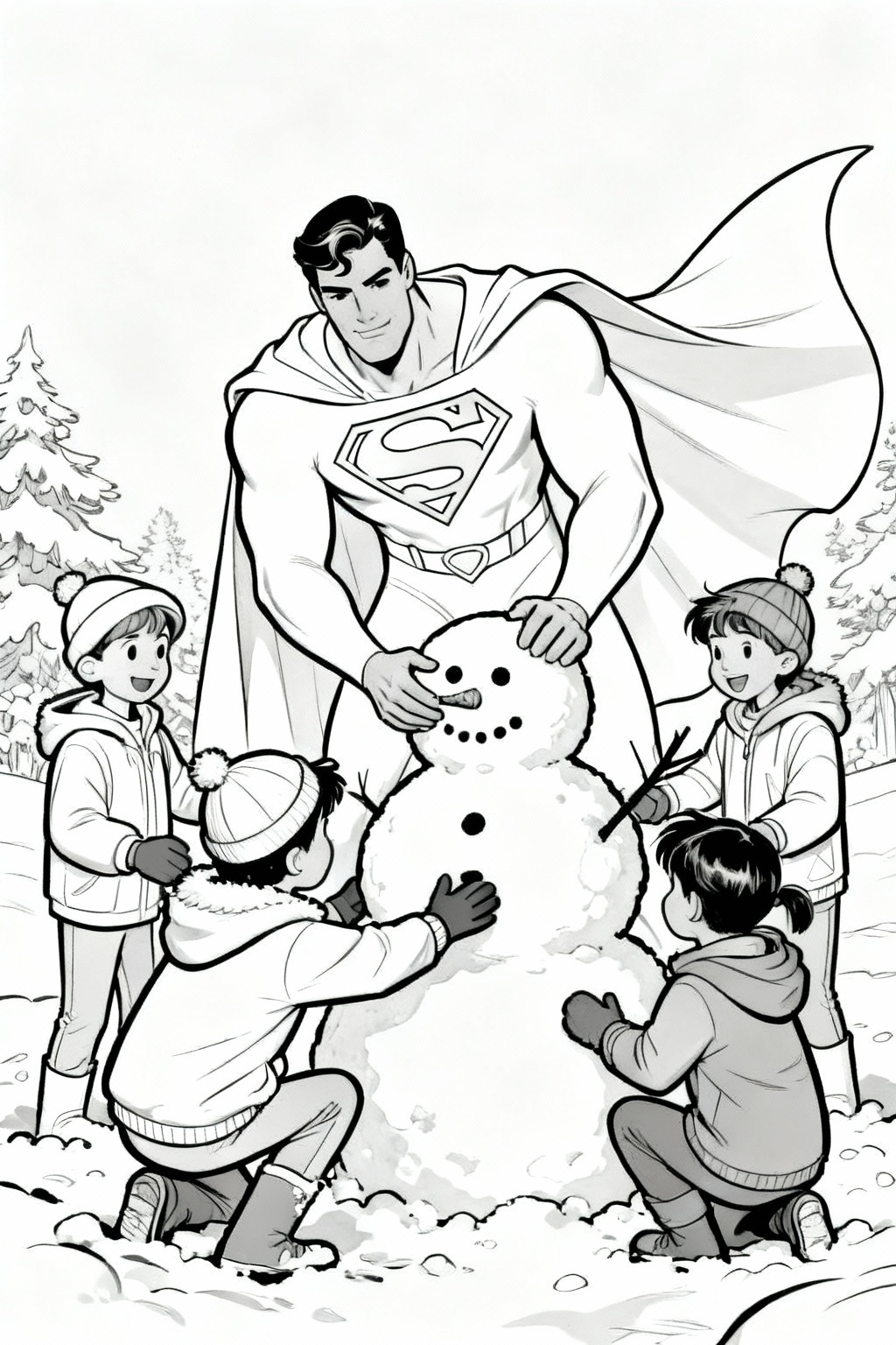 Superman Building a Snowman With Kids – Free Winter Coloring Page