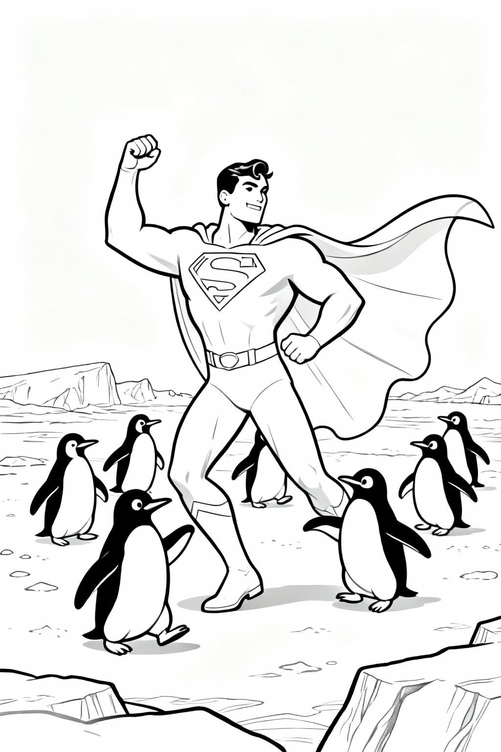 Superman Dancing With Penguins At The South Pole - Free Coloring Page