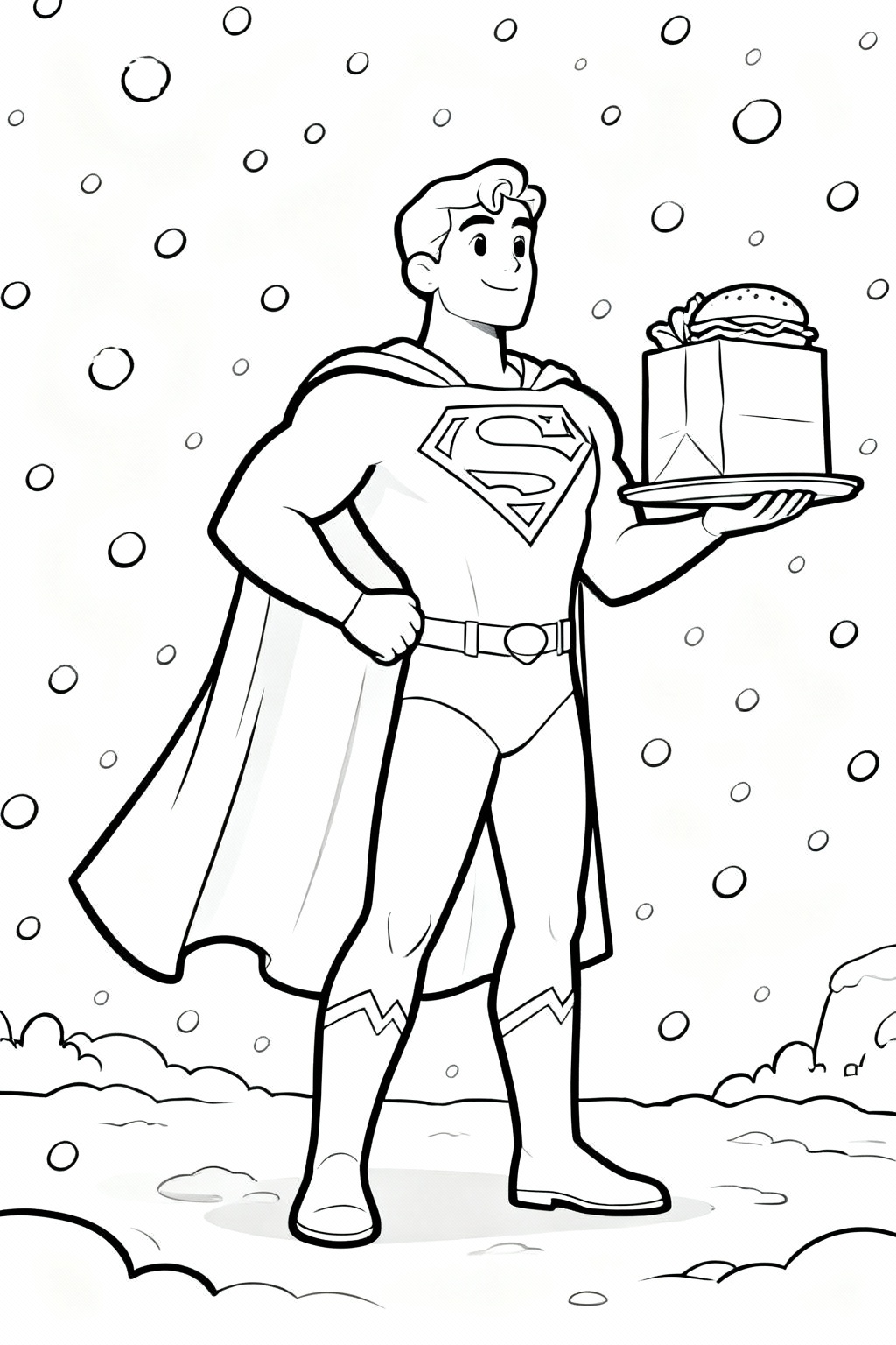 Superman Delivering Food In A Blizzard - Free Superhero Coloring Page