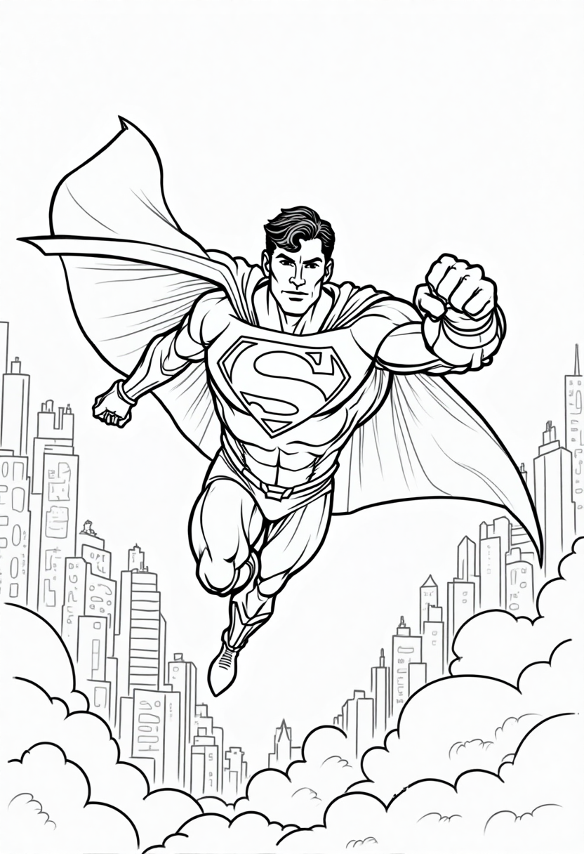 Superman Flying Over Metropolis - Free Printable Coloring Page