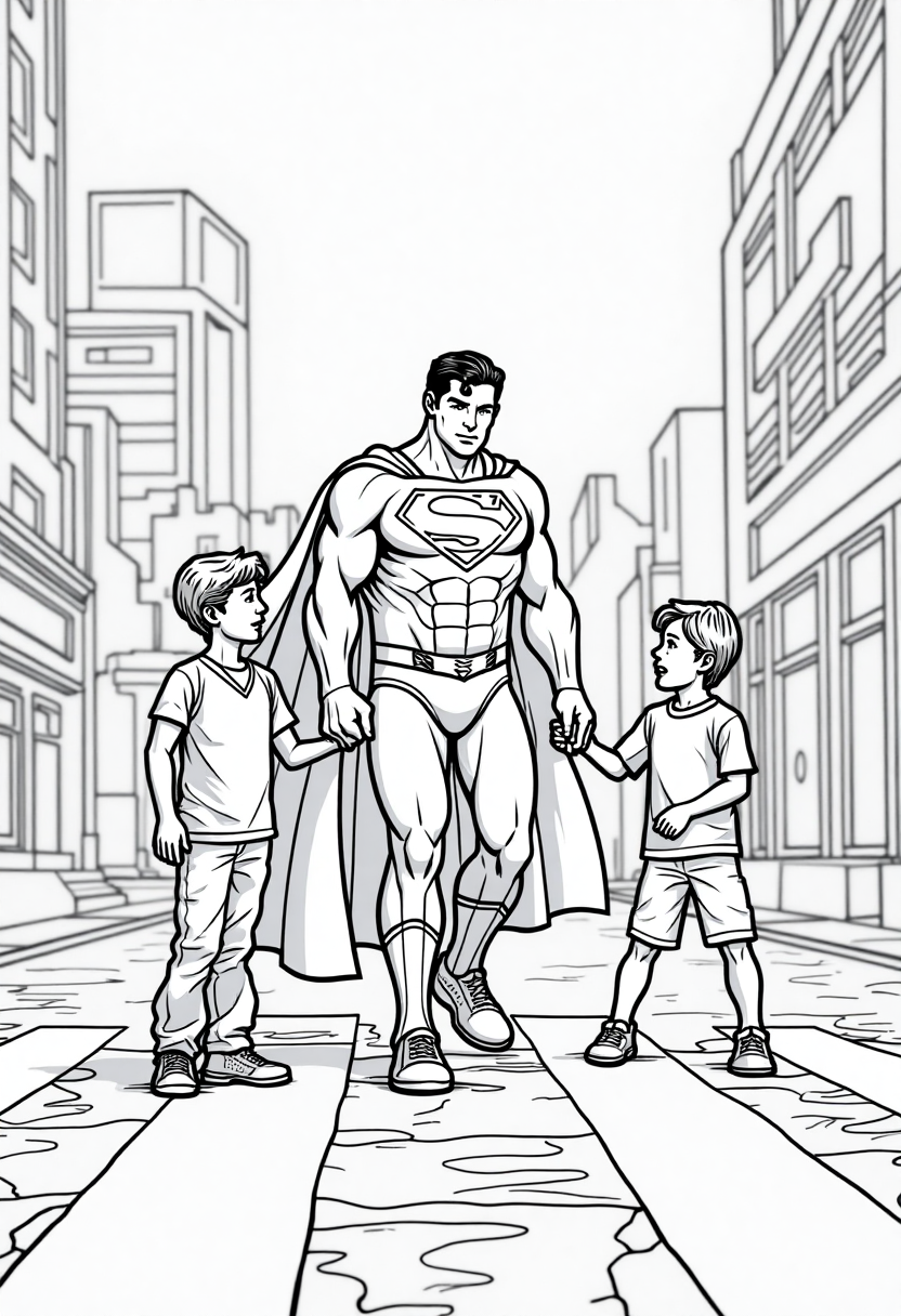 Superman Helping Kids Cross The Street - Free Coloring Page