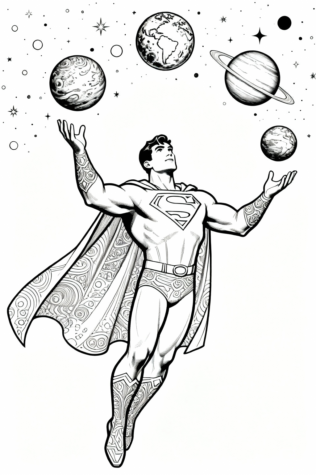 Superman Juggling Planets in Space - Free Coloring Page for Kids