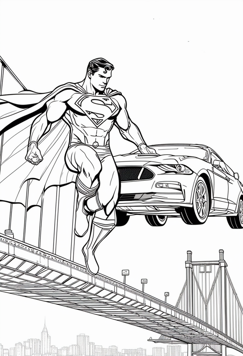 Superman Lifting a Car on a Bridge - Free Superhero Coloring Page