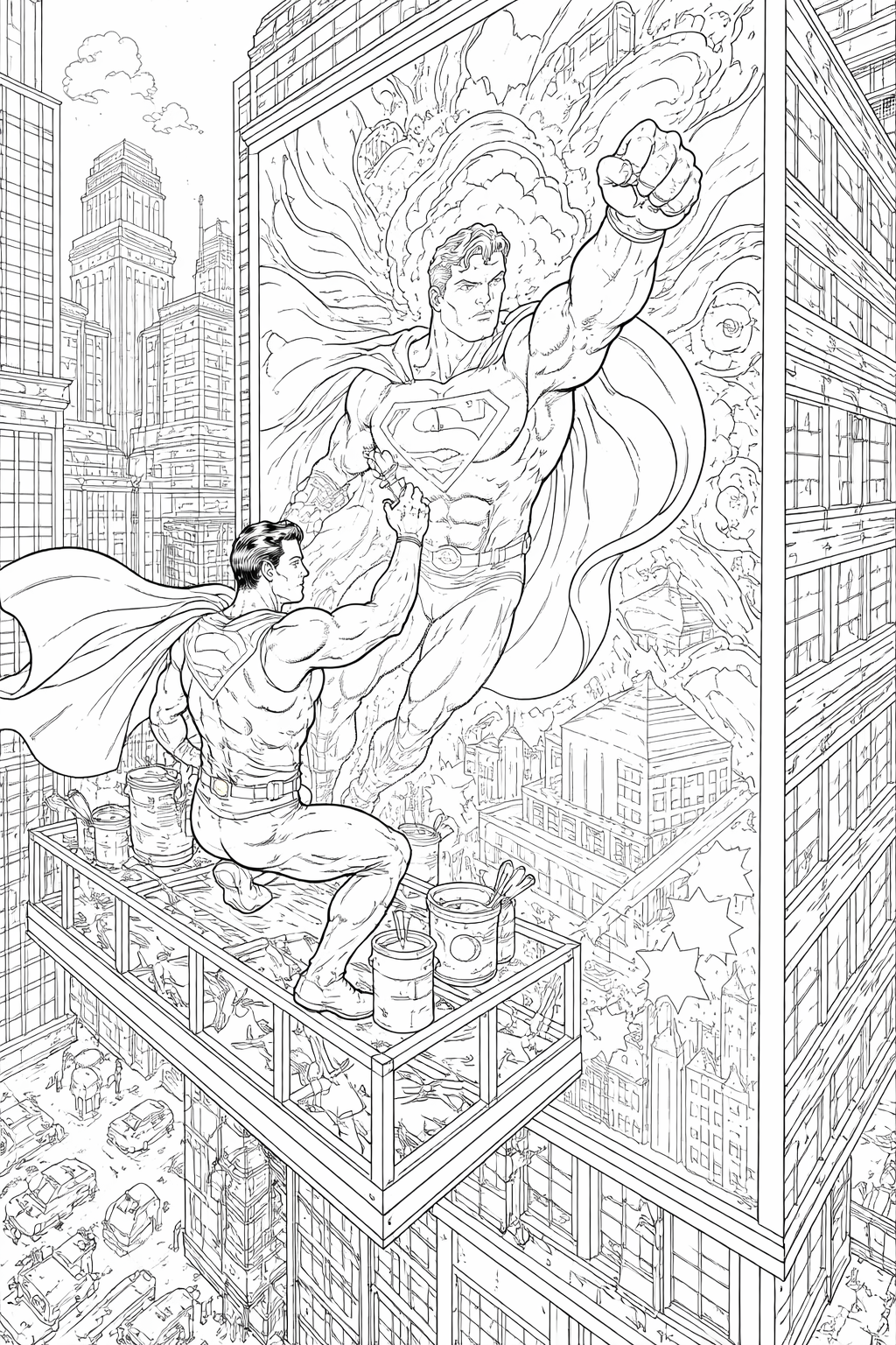 Superman Painting a Giant Mural in the City - Free Artful Coloring Page