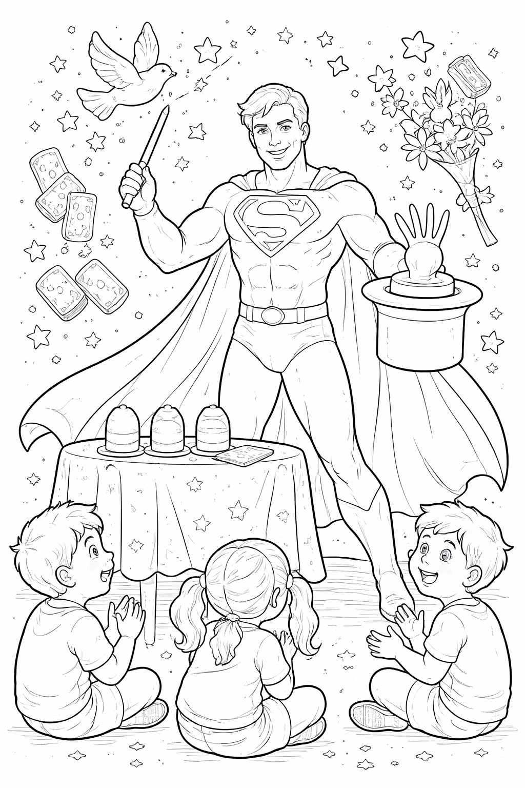 Superman Performing Magic Tricks For Kids - Free Printable Coloring Page