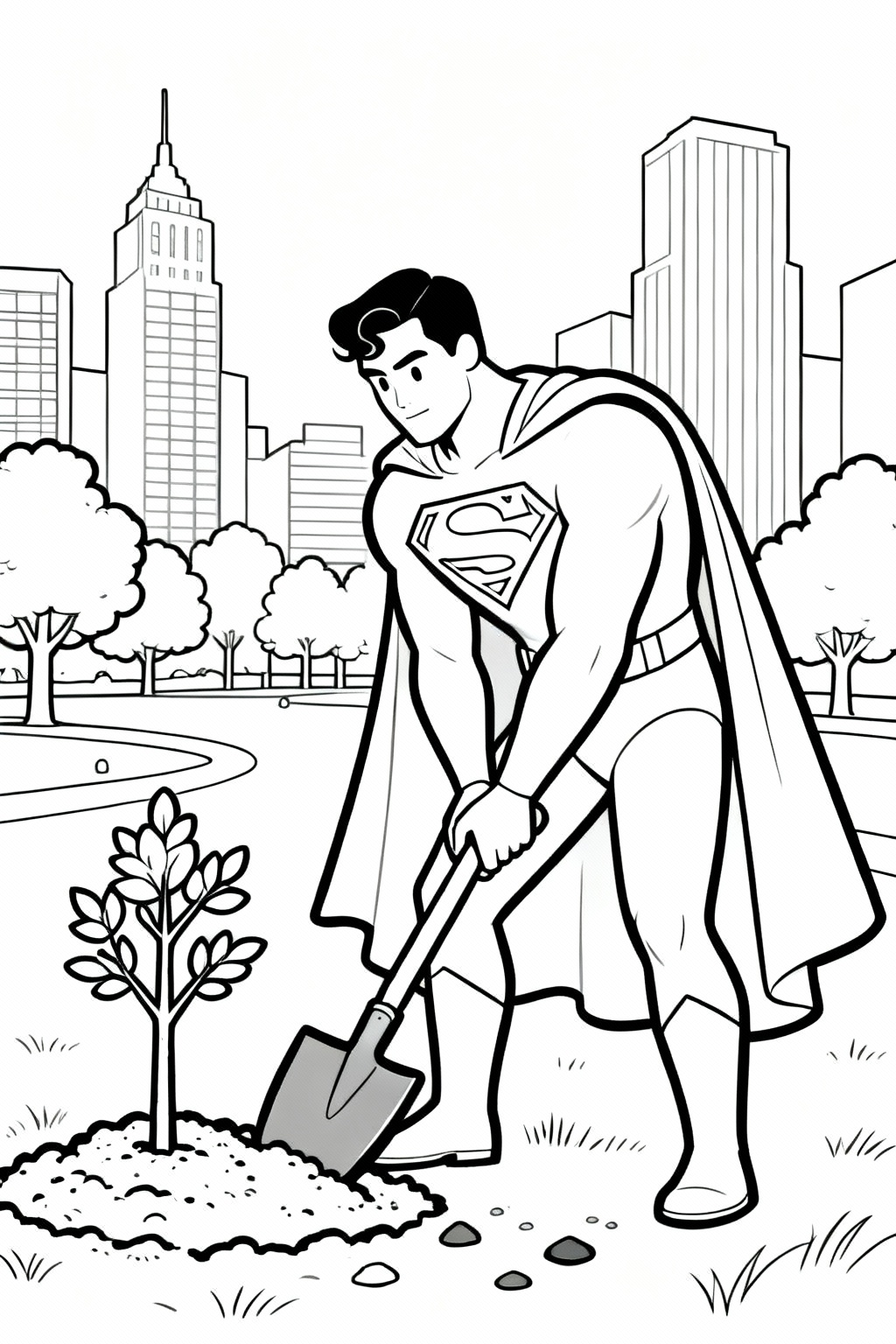Superman Planting Trees in a City Park - Printable Coloring Page
