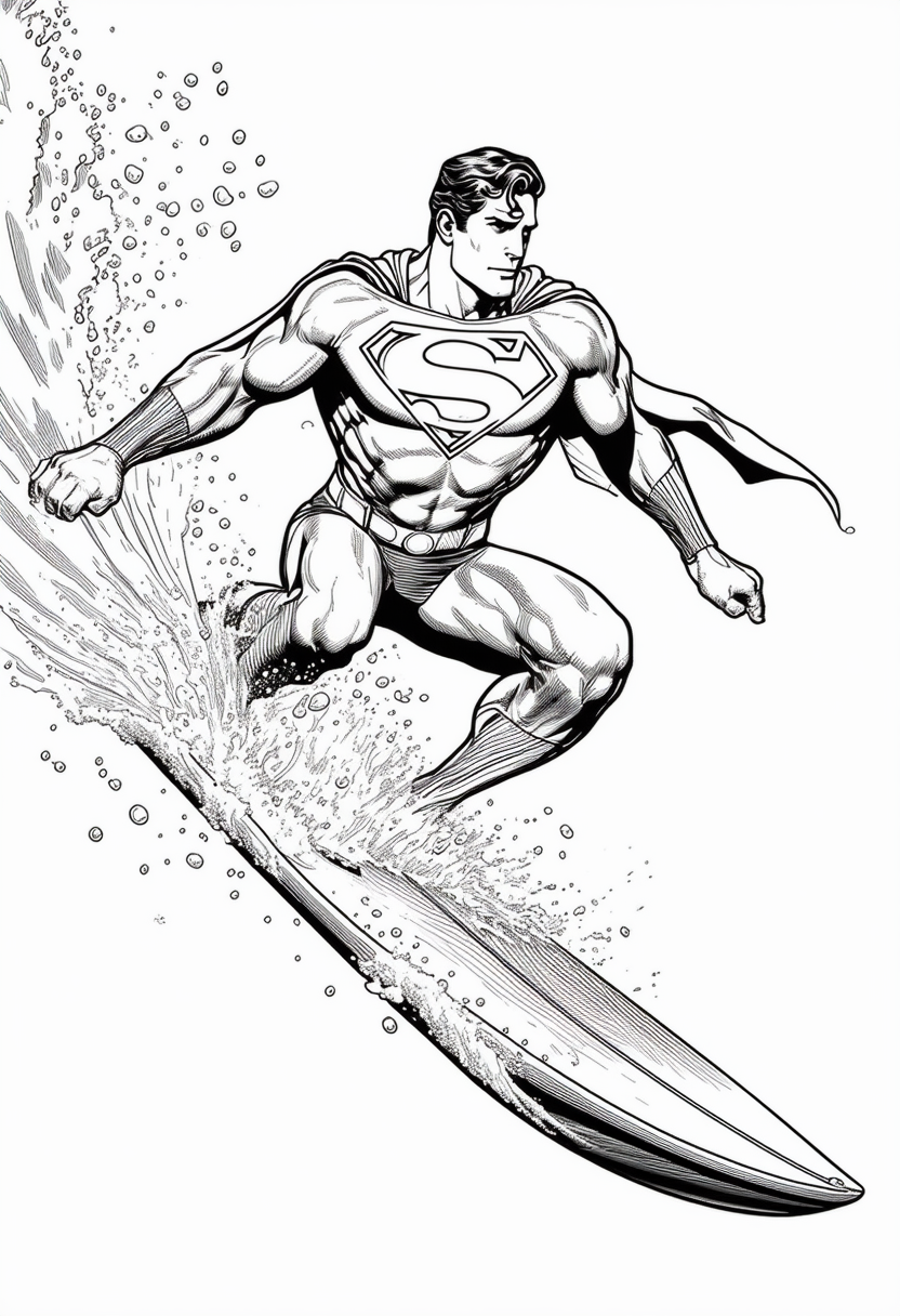 Superman Surfing the Ocean Waves - Free Printable Coloring Page