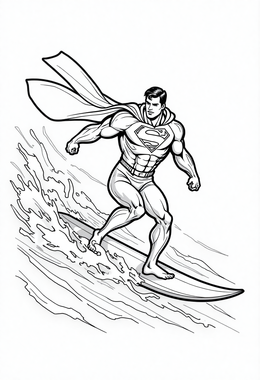 Superman Surfing The Ocean Winds - Free Superhero Coloring Page