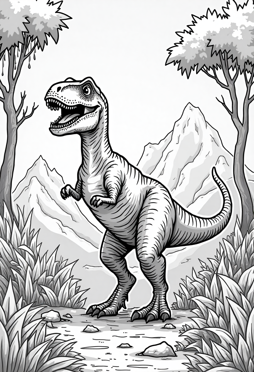 T-Rex Exploring a Misty Valley - Free Dinosaur Coloring Page