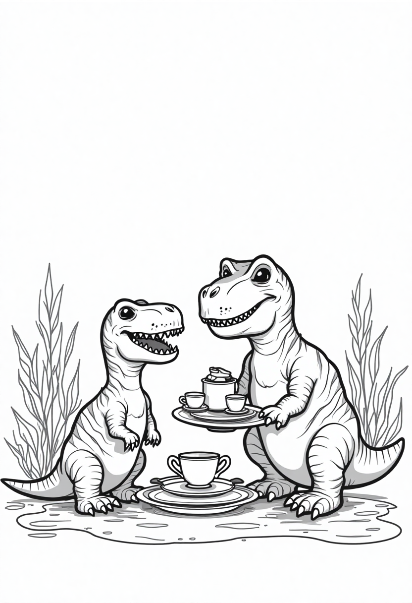 T-Rex Hosting a Tea Party With Dinosaurs - Free Dino Coloring Page