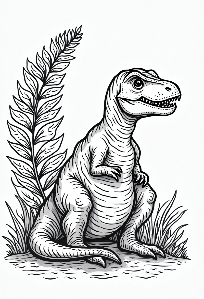 T-Rex Resting Under A Tall Fern - Free Dinosaur Coloring Page