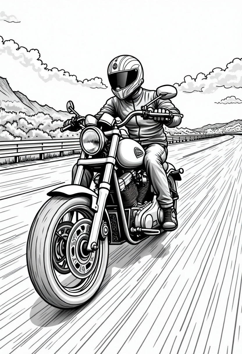 Motorcycle Cruising Down the Highway - Free Vehicle Coloring Page