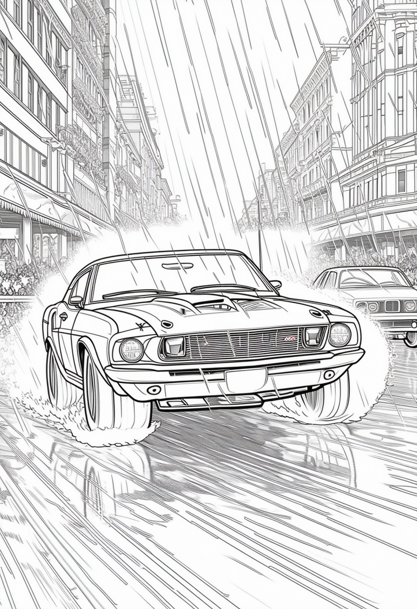 Racing Through Rainy Streets - Free Vehicle Coloring Page
