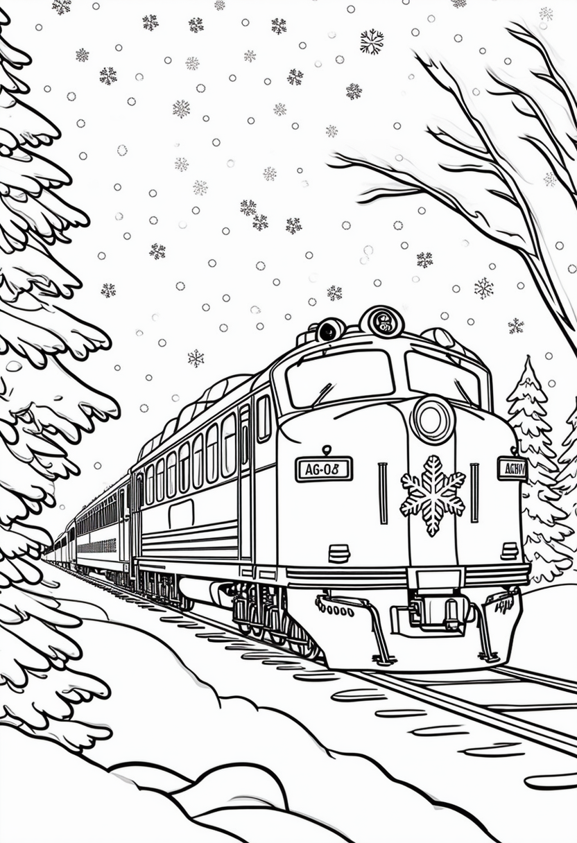 Trains Chugging Through Winter Wonderland - Free Vehicles Coloring Page