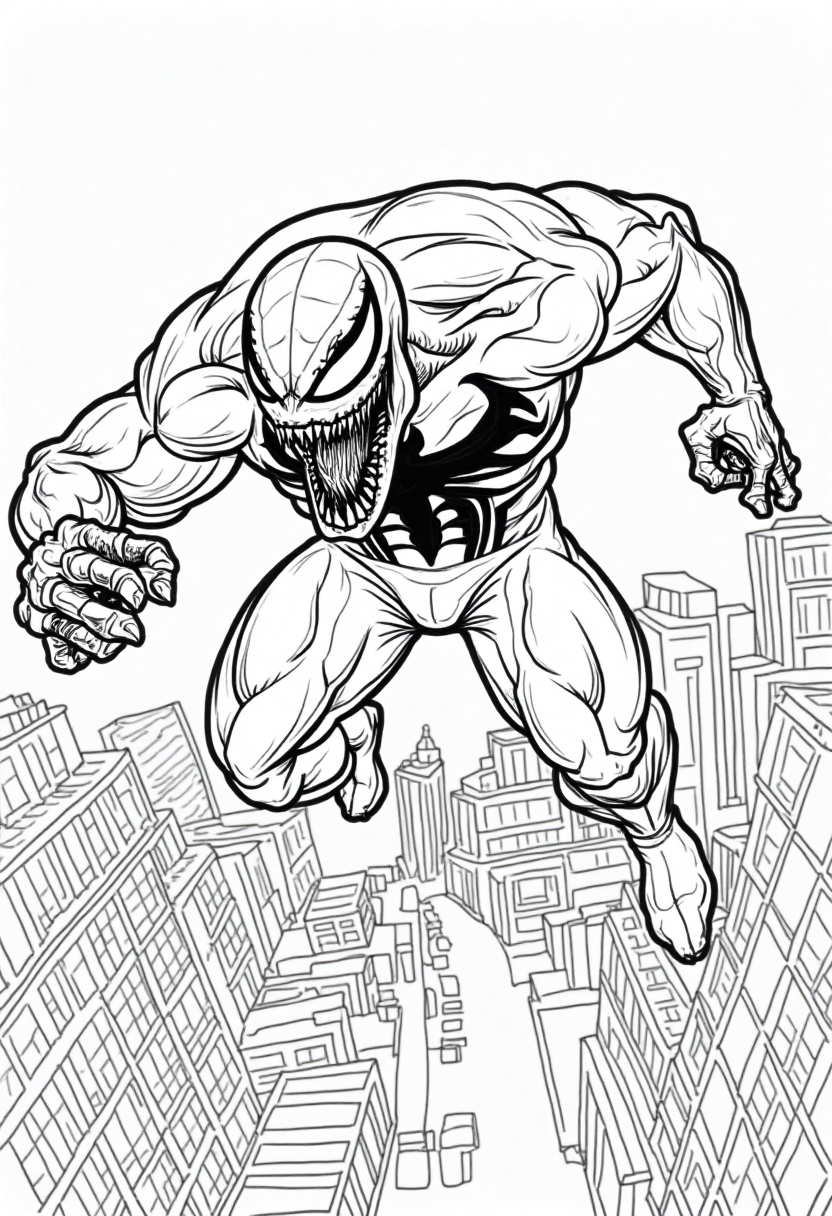 Venom Leaping Across the City - Free Marvel Coloring Page