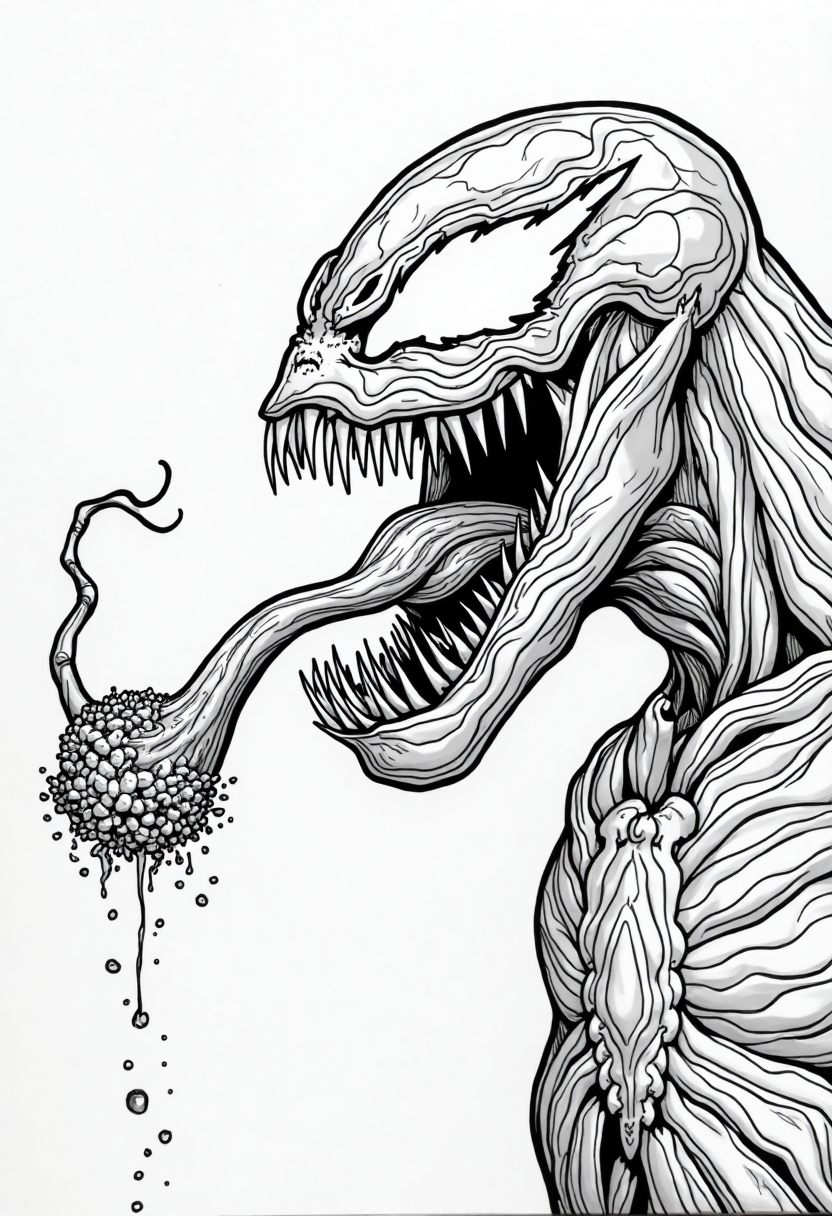 Venom Using His Long Tongue To Grab A Snack - Free Marvel Coloring Page