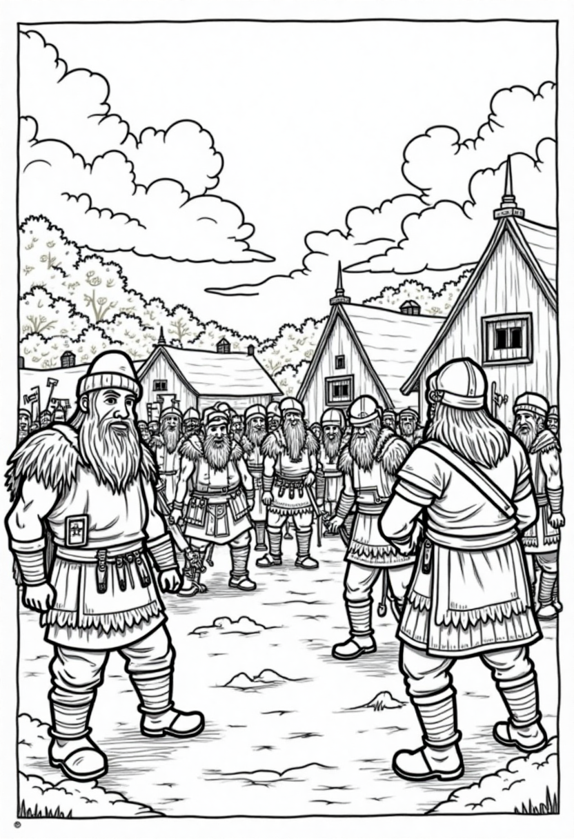 Vikings Preparing For Battle In The Village - Printable Coloring Page