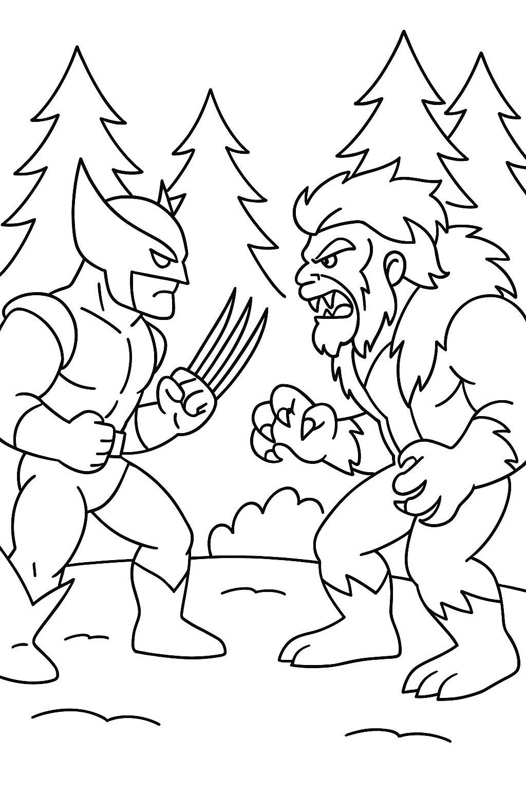 Wolverine vs Sabretooth in Forest - Free Action Coloring Page